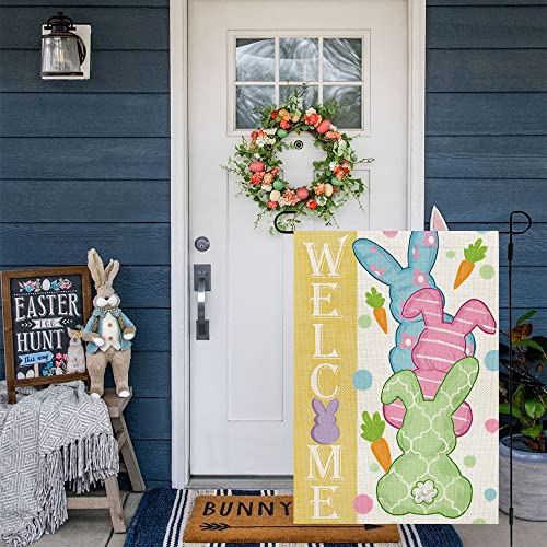 CROWNED BEAUTY Easter Bunnies Tail Garden Flag 12x18 Inch Double Sided for Outside Burlap Small Carrots Welcome Yard Holiday Decoration CF716-12