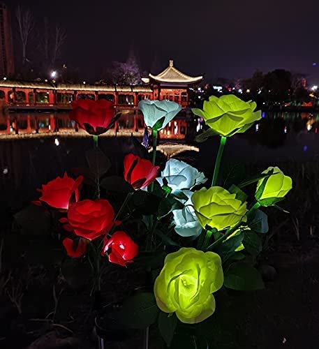 KAQ 2PACK-Outdoor Halloween Solar Garden Flower Lights with 5 Rose Flowers, Upgraded LED Solar Rose Lights with Stake, Waterproof Solar Decorative Lights for Wedding Halloween Decorations (Yellow)