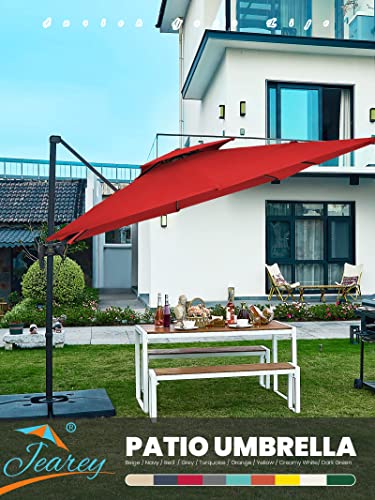 JEAREY 9FT Square Cantilever Patio Umbrella Double Top Roating Outdoor Offset Umbrella Heavy Duty Sun Umbrella for Patio Lawn Garden Backyard and Pool, RED