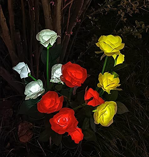 KAQ 2PACK-Outdoor Halloween Solar Garden Flower Lights with 5 Rose Flowers, Upgraded LED Solar Rose Lights with Stake, Waterproof Solar Decorative Lights for Wedding Halloween Decorations (Yellow)