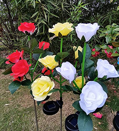 KAQ 2PACK-Outdoor Halloween Solar Garden Flower Lights with 5 Rose Flowers, Upgraded LED Solar Rose Lights with Stake, Waterproof Solar Decorative Lights for Wedding Halloween Decorations (Yellow)