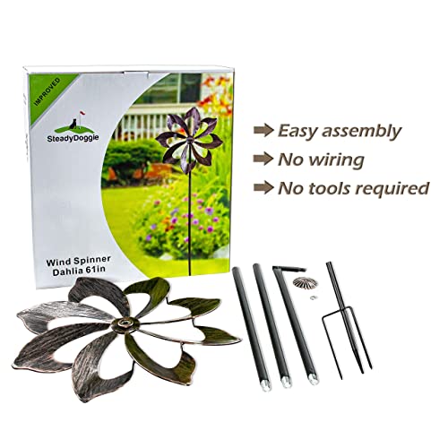 SteadyDoggie Wind Spinner Dahlia 61in Single Blade Easy Spinning Kinetic Wind Spinner for Outside β Vertical Metal Sculpture Stake Construction for Outdoor Yard Lawn & Garden