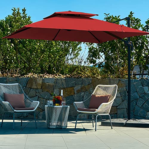 JEAREY 9FT Square Cantilever Patio Umbrella Double Top Roating Outdoor Offset Umbrella Heavy Duty Sun Umbrella for Patio Lawn Garden Backyard and Pool, RED