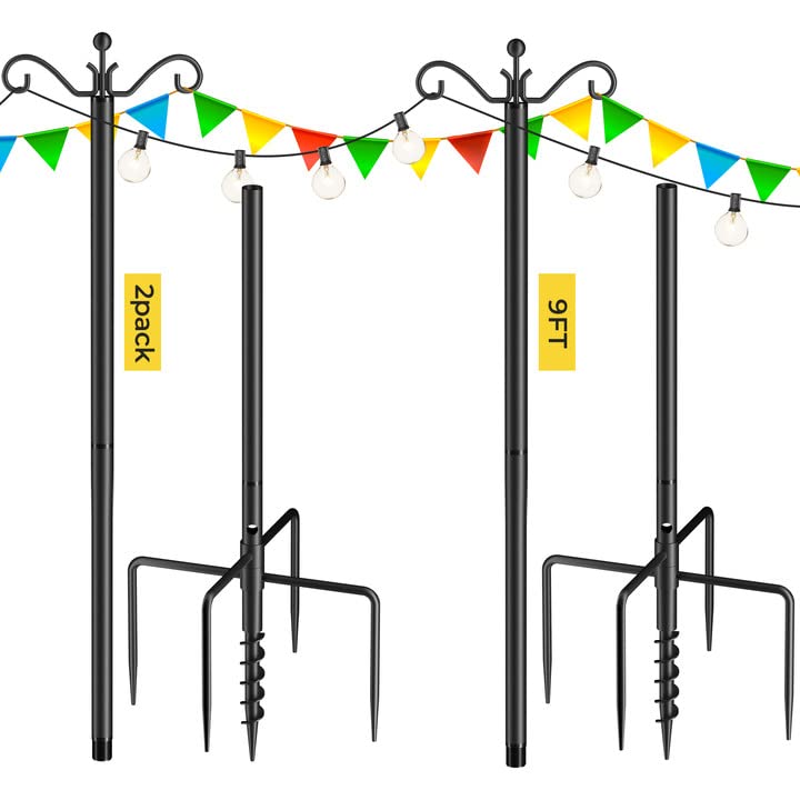 Flanagan String Light Poles 2-Pack,9FT Poles for Outdoor String Lights,Adjustable Metal Light Pole Stand, Spiral Sturdy Anchor for Patio, Garden, Backyard,Wedding Light Poles