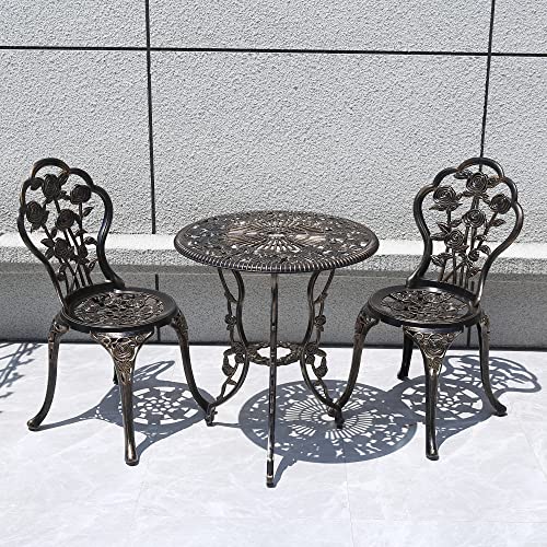 KAI LI 4-Piece Balcony Tables and Chairs, 1 Table, 2 Round Chairs and 1 Bench, Metal cast Aluminum, Bistro Suit, Garden Bench, Rose Pattern (Bronzed)