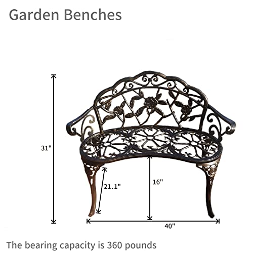 KAI LI 4-Piece Balcony Tables and Chairs, 1 Table, 2 Round Chairs and 1 Bench, Metal cast Aluminum, Bistro Suit, Garden Bench, Rose Pattern (Bronzed)