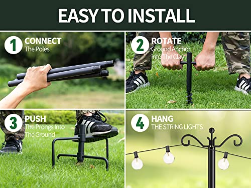 Flanagan String Light Poles 2-Pack,9FT Poles for Outdoor String Lights,Adjustable Metal Light Pole Stand, Spiral Sturdy Anchor for Patio, Garden, Backyard,Wedding Light Poles