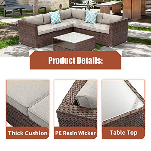SUNBURY 4-Piece Outdoor Sectional Sofa Patio Furniture Set w Grey Thinck Cushions, Patio Conversation Set Outdoor Wicker Sofa w Tempered Glass Coffee Table, Waterproof Cover for Backyard