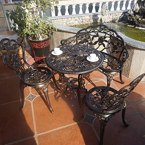 KAI LI 4-Piece Balcony Tables and Chairs, 1 Table, 2 Round Chairs and 1 Bench, Metal cast Aluminum, Bistro Suit, Garden Bench, Rose Pattern (Bronzed)