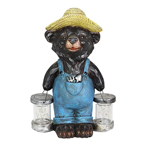 Exhart Garden Sculpture, Farmhouse Black Bear Solar Garden Statue with Glass Jars, LED Firefly Lights, Outdoor Garden Decoration, 12.5 Inch