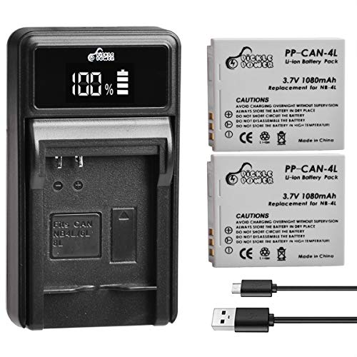 Pickle Power NB-4L Battery and LED Display Charger for Canon PowerShot ELPH 100 HS 300 HS 330 HS 310 HS SD1000 SD1100 is SD1400 is SD200 SD30 SD300 SD40 SD400 SD600 SD750
