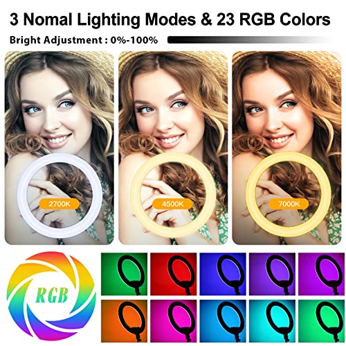 RGB Ring Light 18 inch with Tripod Stand (2700-7000K) for Phone Camera iPad Selfie Live Stream YouTube TikTok Video Shooting Best Lighting Atmosphere Ringlight (18 inch)