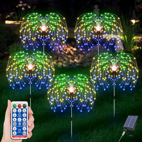5 Pack Solar Firework Lights, 600 LED Outdoor Garden Decorative Waterproof Lights with Remote, 8 Lighting Mode Solar Powered Fireworks Lamp for Yard Deck Lawn Patio Pathway Walkway(Colorful)