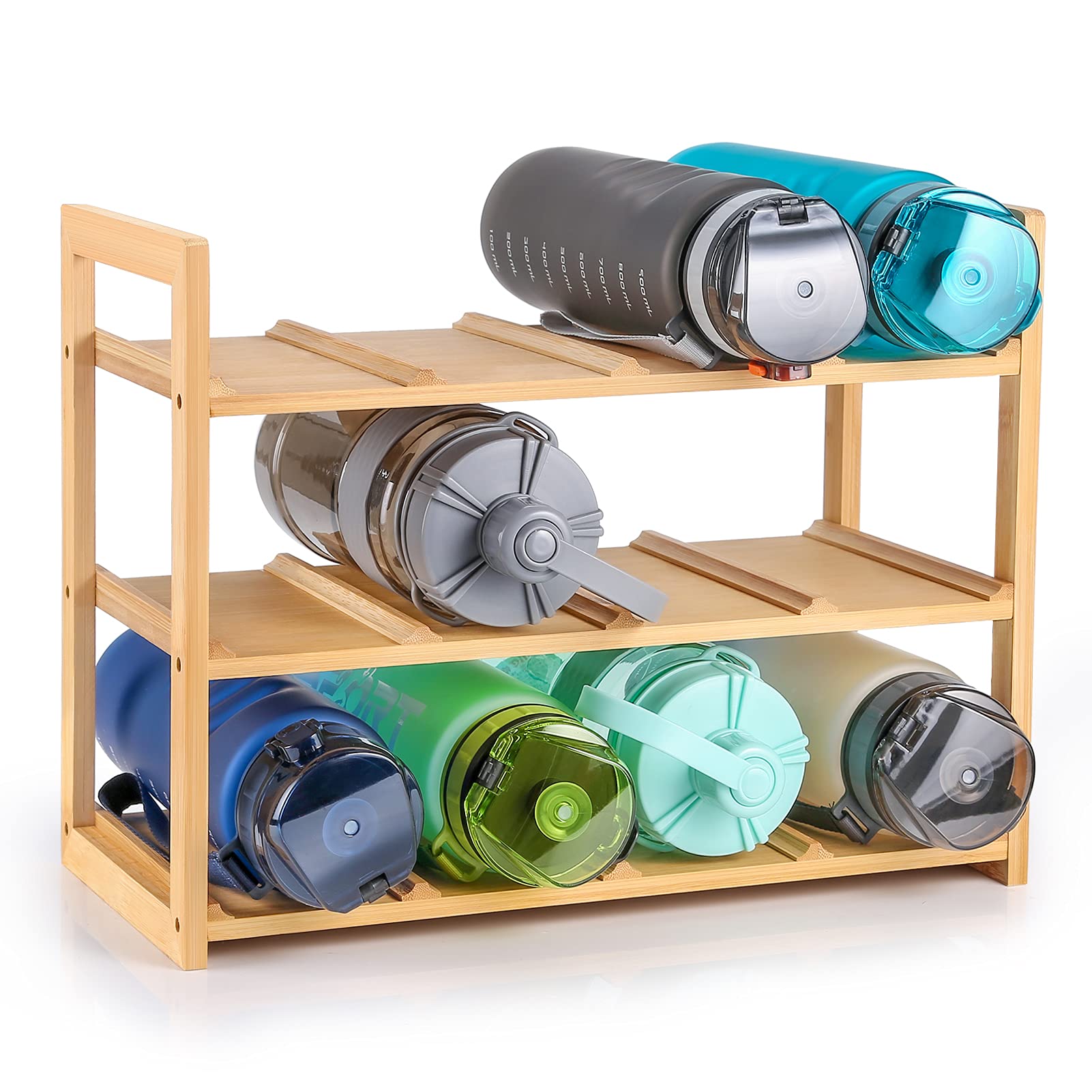 Ackitry 12 Water Bottle Organizer, Freestanding Bamboo Water Bottle Holder Rack, Sturdy Water Cup Stand Storage for Cabinet, Kitchen Countertops, Table Top, Pantry (for 12 Bottles)
