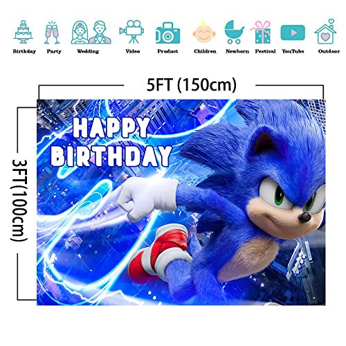 PSXF Blue Sonic Hedgehog Happy Birthday Themed Photography Backdrop 5x3ft Sonic Boom Superhero Kids 1st Birthday Party Photo Background Studio Banner