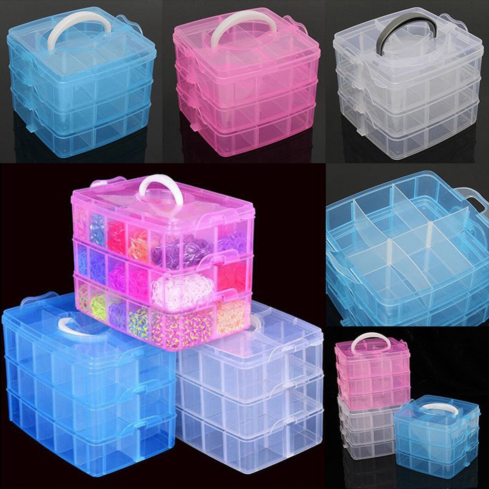 Baost 3-Layer Detachable Portable Clear Plastic Ornament Box Holder Carrier Art Craft Jewelry Earring Ring Beads Sewing Accessories Storage Organizer Container Case with Handle Pink