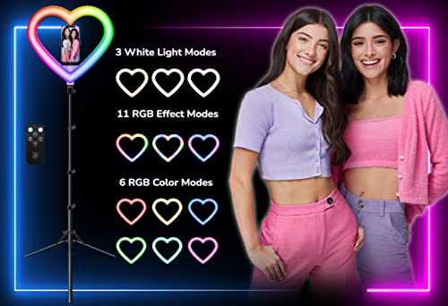Dixie & Charli 13" Heart Shaped Color LED Ring Light Cell Phone Holder with 63" Tripod Stand and Wireless Remote