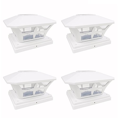 iGlow 4 Pack White Outdoor Garden 6 x 6 Solar SMD LED Post Deck Cap Square Fence Light Landscape Lamp PVC Vinyl Wood