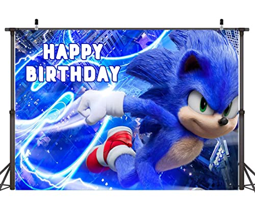 PSXF Blue Sonic Hedgehog Happy Birthday Themed Photography Backdrop 5x3ft Sonic Boom Superhero Kids 1st Birthday Party Photo Background Studio Banner