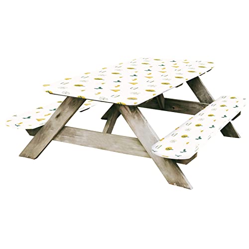 Picnic Table Cover and Bench Covers, Fitted Tablecloth Cover with Elastic Edge, Water and Oil Proof, for Outdoor, Garden, Camping, 72x28 Inch, 3 Pieces Set, Blue & White, Camping Cartoon