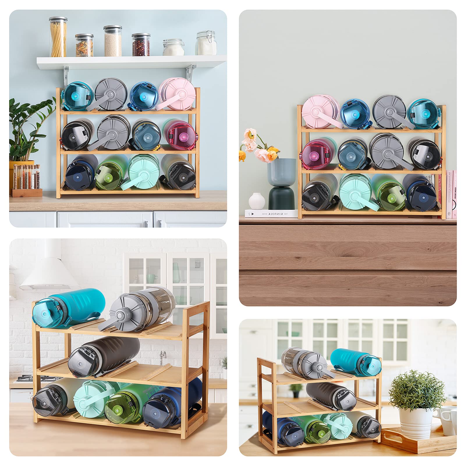 Ackitry 12 Water Bottle Organizer, Freestanding Bamboo Water Bottle Holder Rack, Sturdy Water Cup Stand Storage for Cabinet, Kitchen Countertops, Table Top, Pantry (for 12 Bottles)