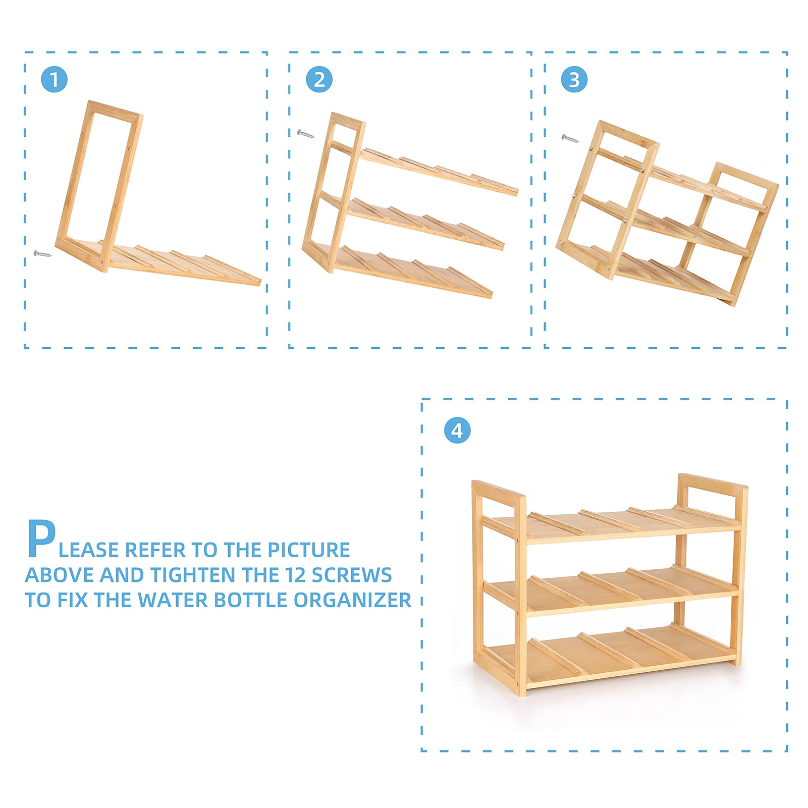 Ackitry 12 Water Bottle Organizer, Freestanding Bamboo Water Bottle Holder Rack, Sturdy Water Cup Stand Storage for Cabinet, Kitchen Countertops, Table Top, Pantry (for 12 Bottles)