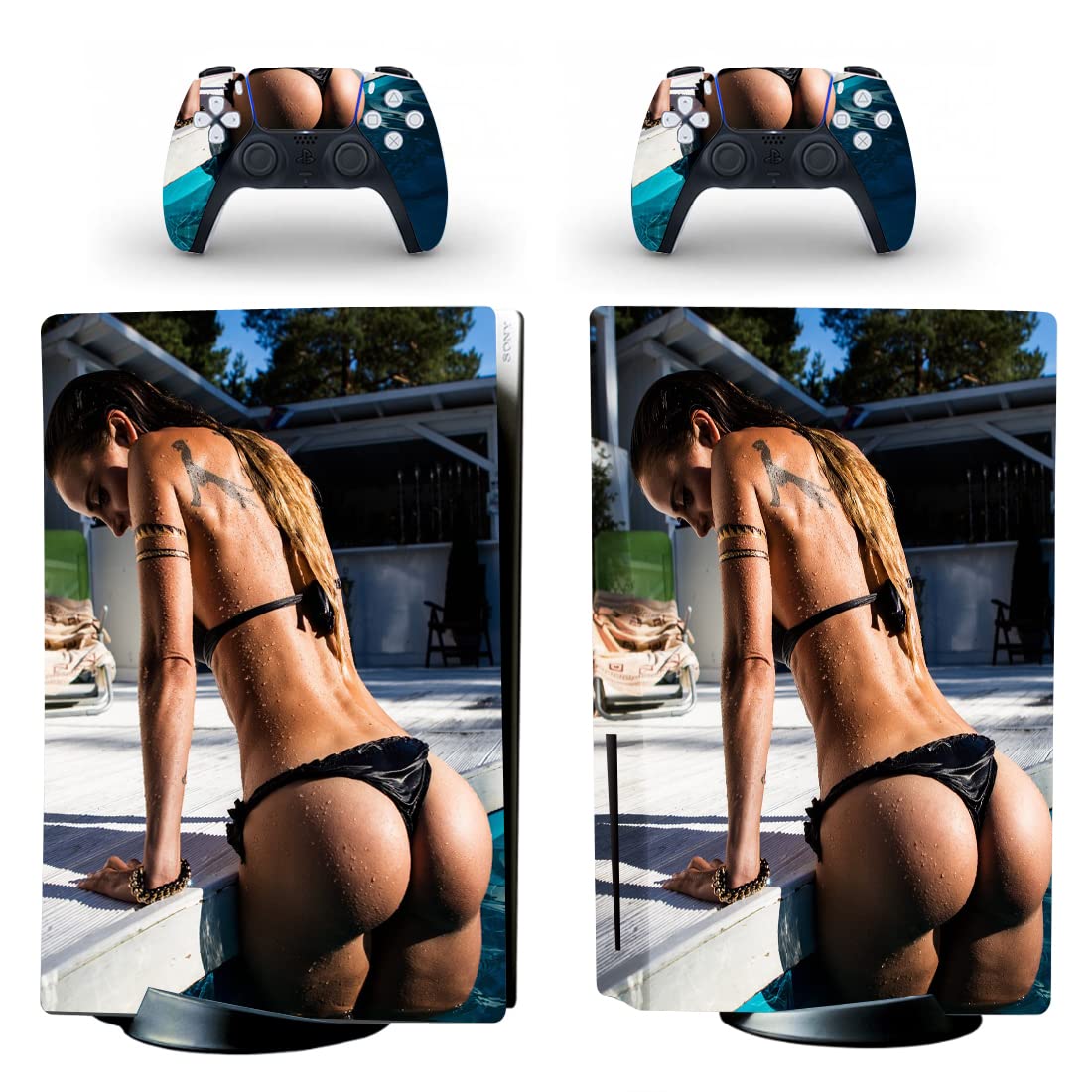 JOCHUI PS5 Standard Disc Console Controllers Skin Hot Girl Sticker Decal PS5 Console and Controllers Bikini Girl