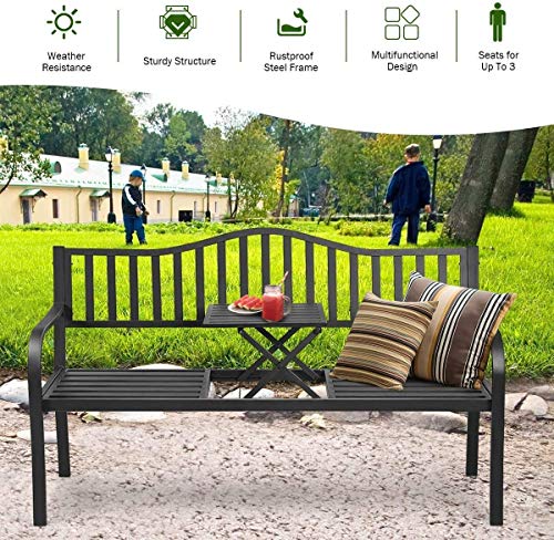 HAPPYGRILL Outdoor Garden Bench Metal Patio Loveseat Benches with Pullout Table for Yard Lawn Porch