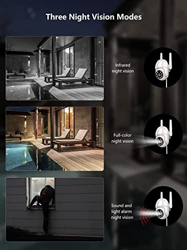 2K Security Camera, PTZ 355°View 3MP Security System 2.4GHZ WiFi Security Cameras Outdoor with Color Night Vision, Motion Detection and Alarm, IP66 Waterproof, 2-Way Talk, 24/7 SD Storage