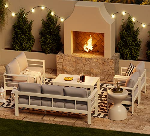 UDPATIO Oversized Aluminum Patio Furniture Set, Modern Metal Outdoor Patio Conversation Sets, Patio Sectional Sofa w/ 5 Inch Cushion Coffee Table for Poolside, Deck, White (Include 4 Sofa Covers)
