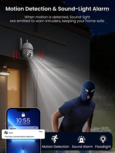 2K Security Camera, PTZ 355°View 3MP Security System 2.4GHZ WiFi Security Cameras Outdoor with Color Night Vision, Motion Detection and Alarm, IP66 Waterproof, 2-Way Talk, 24/7 SD Storage