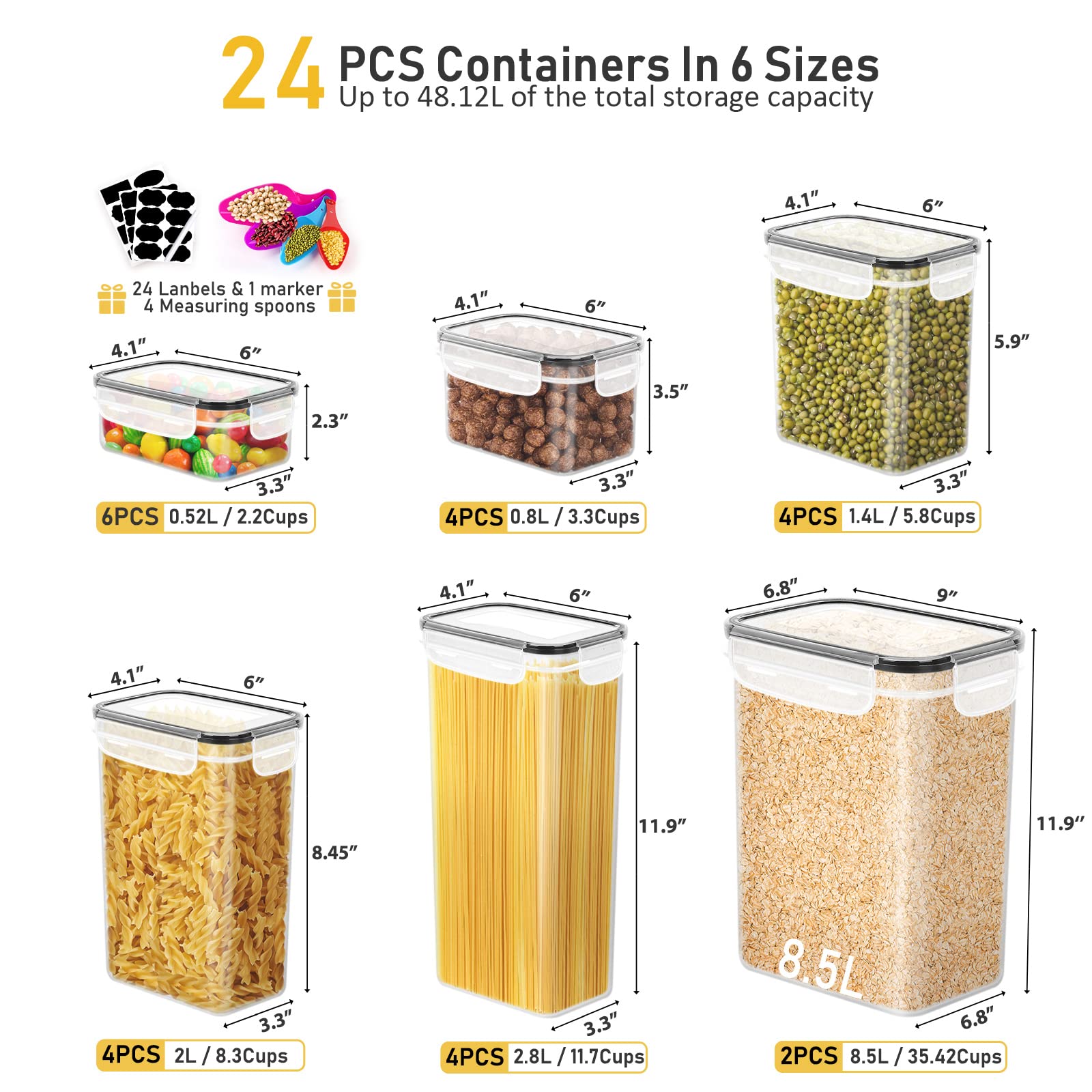 Airtight Food Storage Containers, 24 Pcs Kitchen Pantry Organization and Storage, Large Plastic Cereal Containers with Lids, Containers for Food, Rice, Flour, Cereal, Include Measuring Spoons, Labels