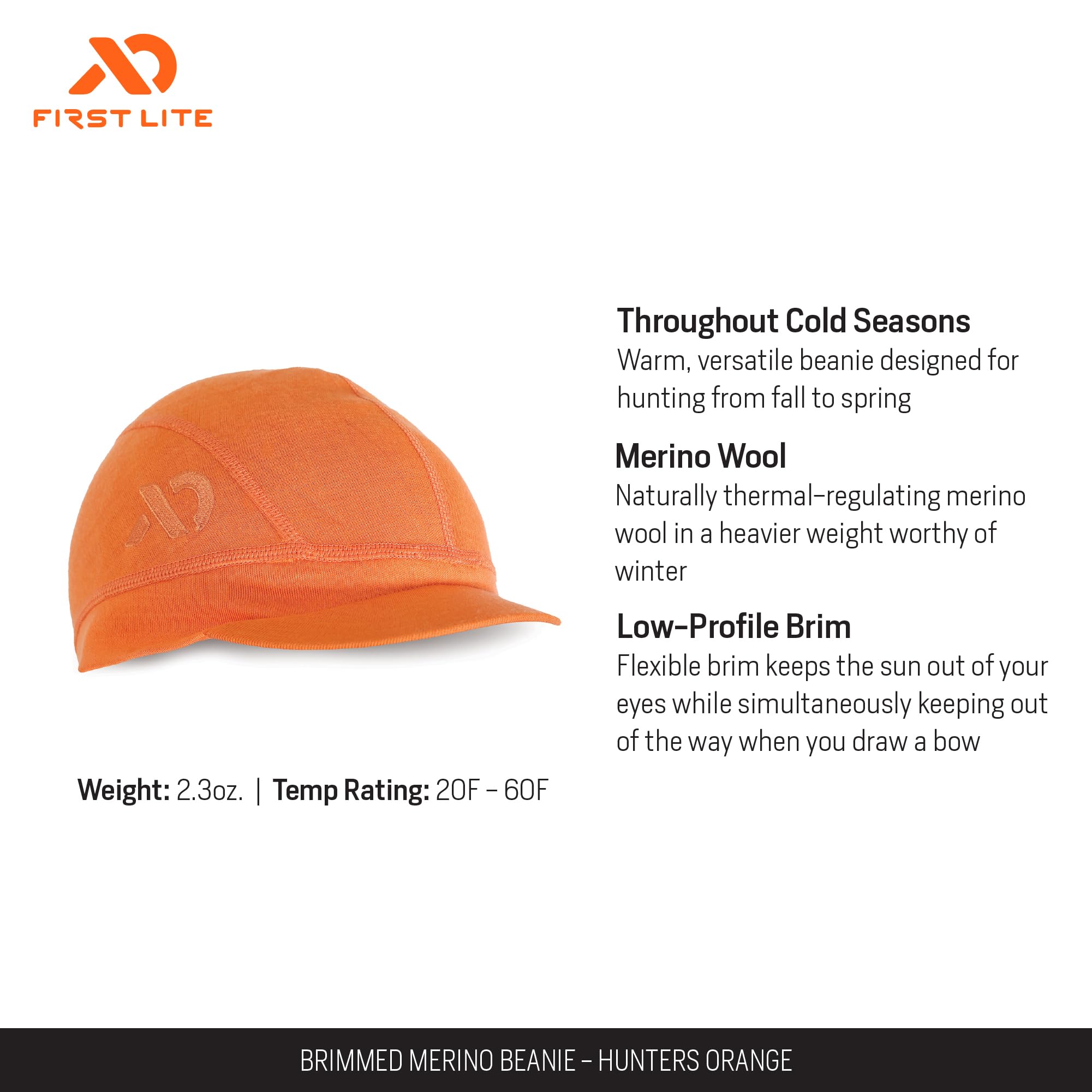 First Lite Brimmed Merino Beanie - Warm Hunting Hat - Hunters Orange - Large