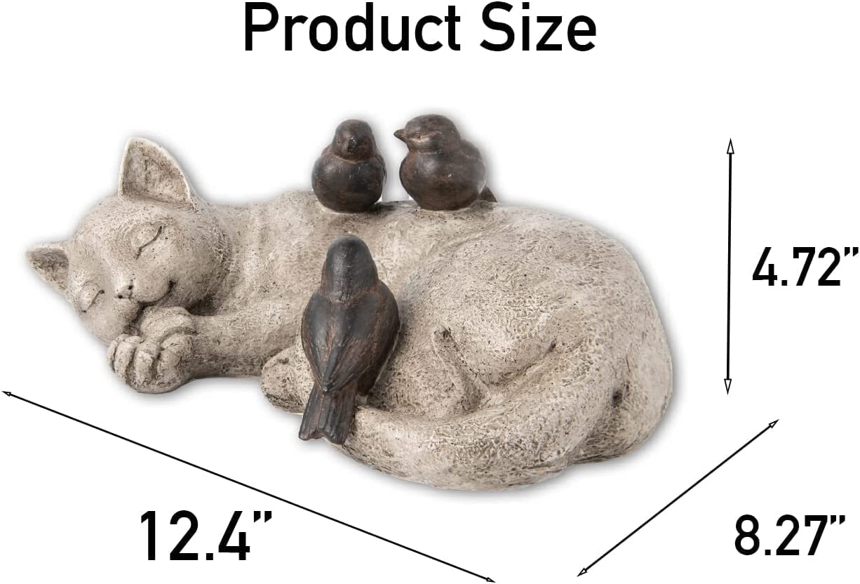 Comfy Hour 5" Polyresin Garden Accent Decorative Sparrows On Cat Figurine, Statue Stone Looking, White, Black, Pet in Loving Memory Collection