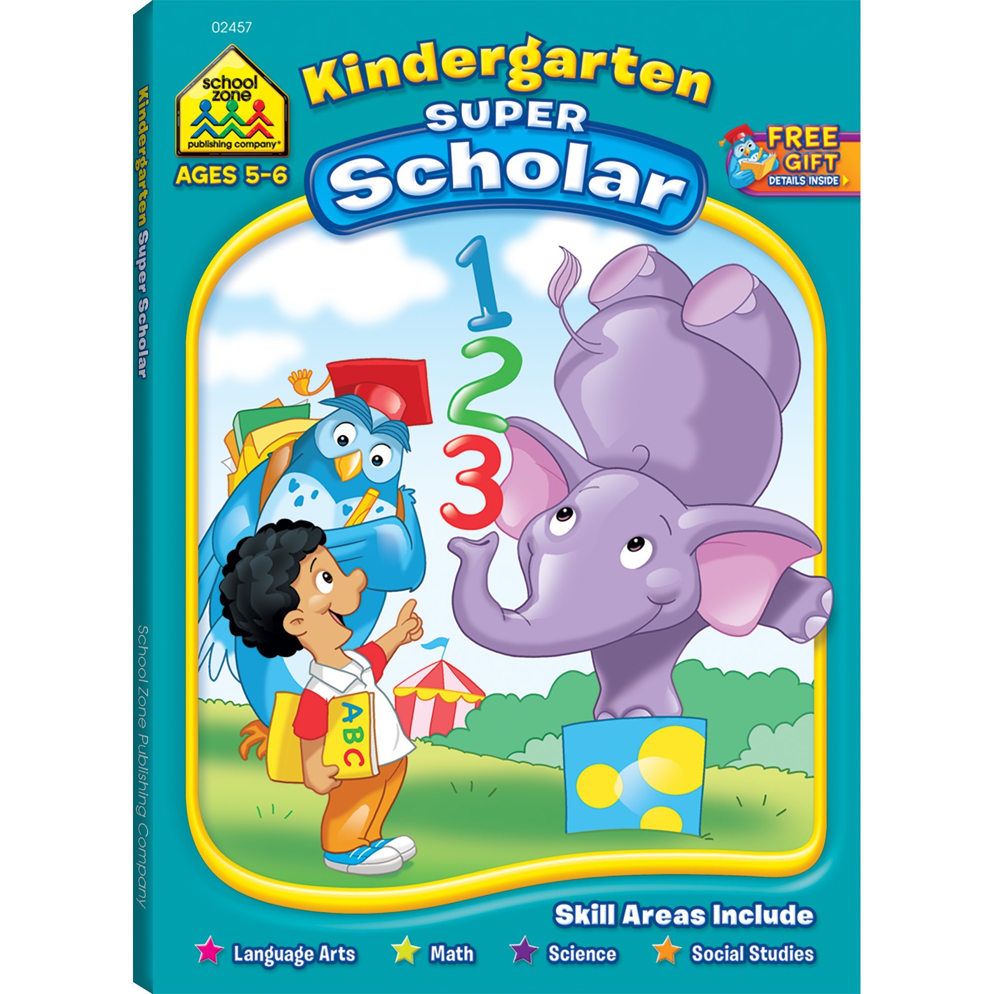 School Zone - Kindergarten Super Scholar Workbook - 128 Pages, Ages 5 to 6, Shapes, Colors, Beginning Sounds, Identifying Patterns, and More