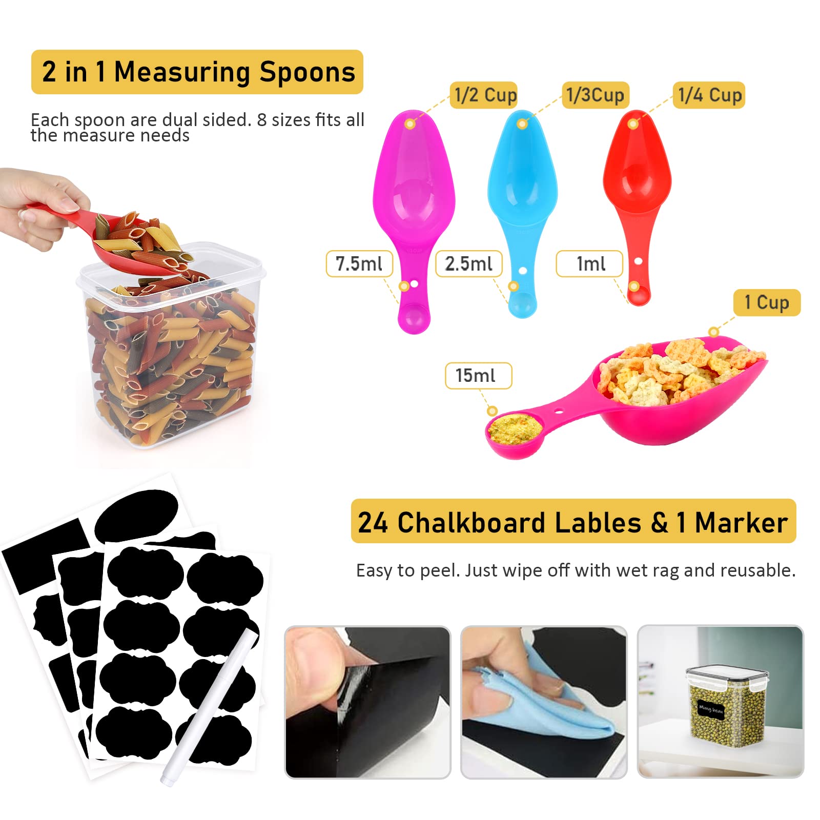 Airtight Food Storage Containers, 24 Pcs Kitchen Pantry Organization and Storage, Large Plastic Cereal Containers with Lids, Containers for Food, Rice, Flour, Cereal, Include Measuring Spoons, Labels
