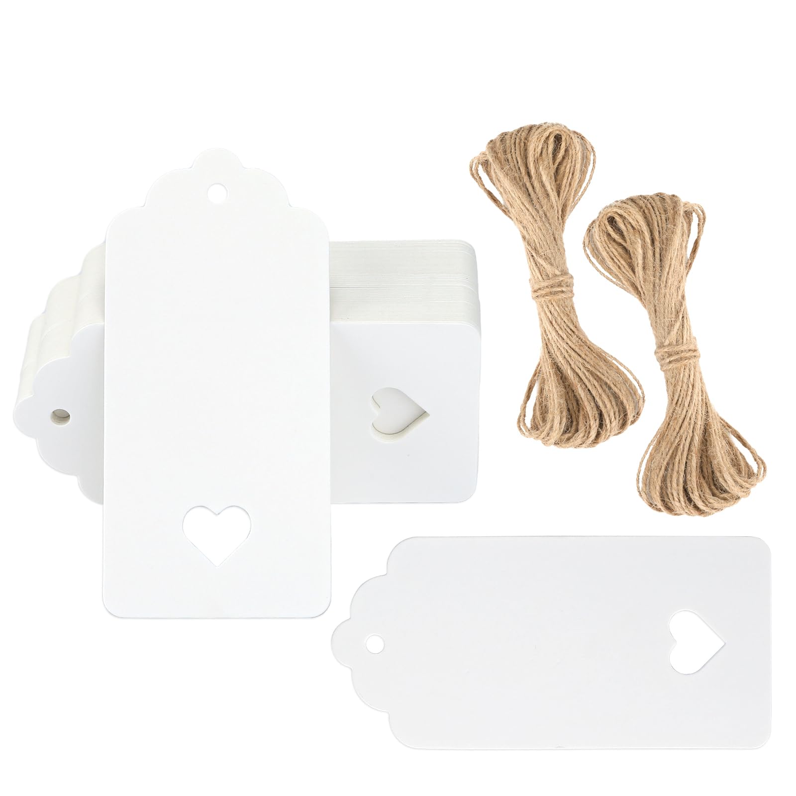 100PCS Kraft Paper Gift Tags Hollow Heart Wedding Favor Tags with Twine for Fathers Birthday Gift Wrap, Baby Shower Favors and Craft Homemade Gifts(White)