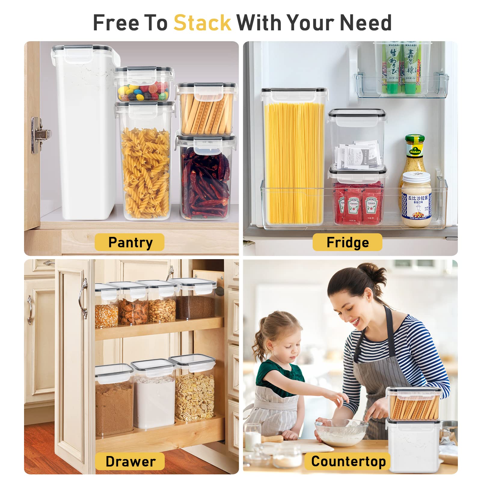Airtight Food Storage Containers, 24 Pcs Kitchen Pantry Organization and Storage, Large Plastic Cereal Containers with Lids, Containers for Food, Rice, Flour, Cereal, Include Measuring Spoons, Labels