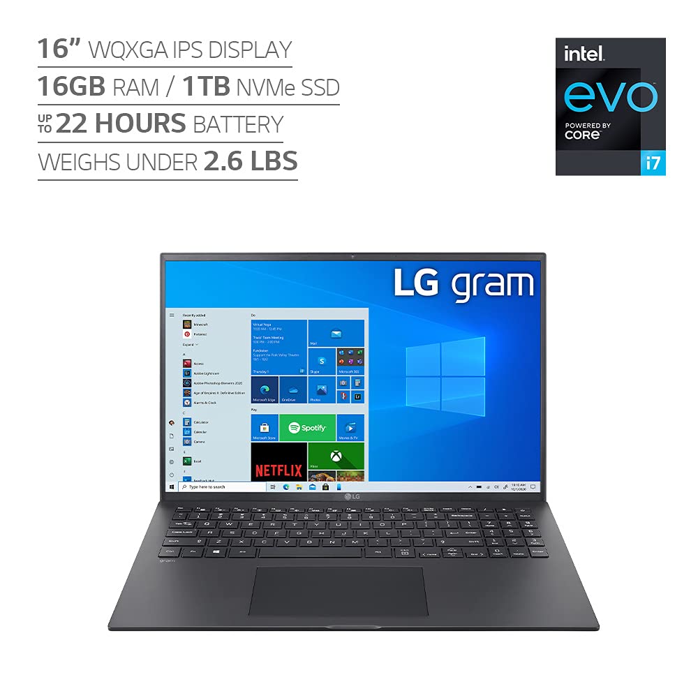 LG Gram 16Z90P Laptop 16" IPS Ultra-Lightweight, (2560 x 1600), Intel Evo 11th gen Core i7 , 16GB RAM, 1TB SSD, Windows 11 Upgradeable, Alexa Built-in, 2X USB-C, HDMI, USB-A - Black