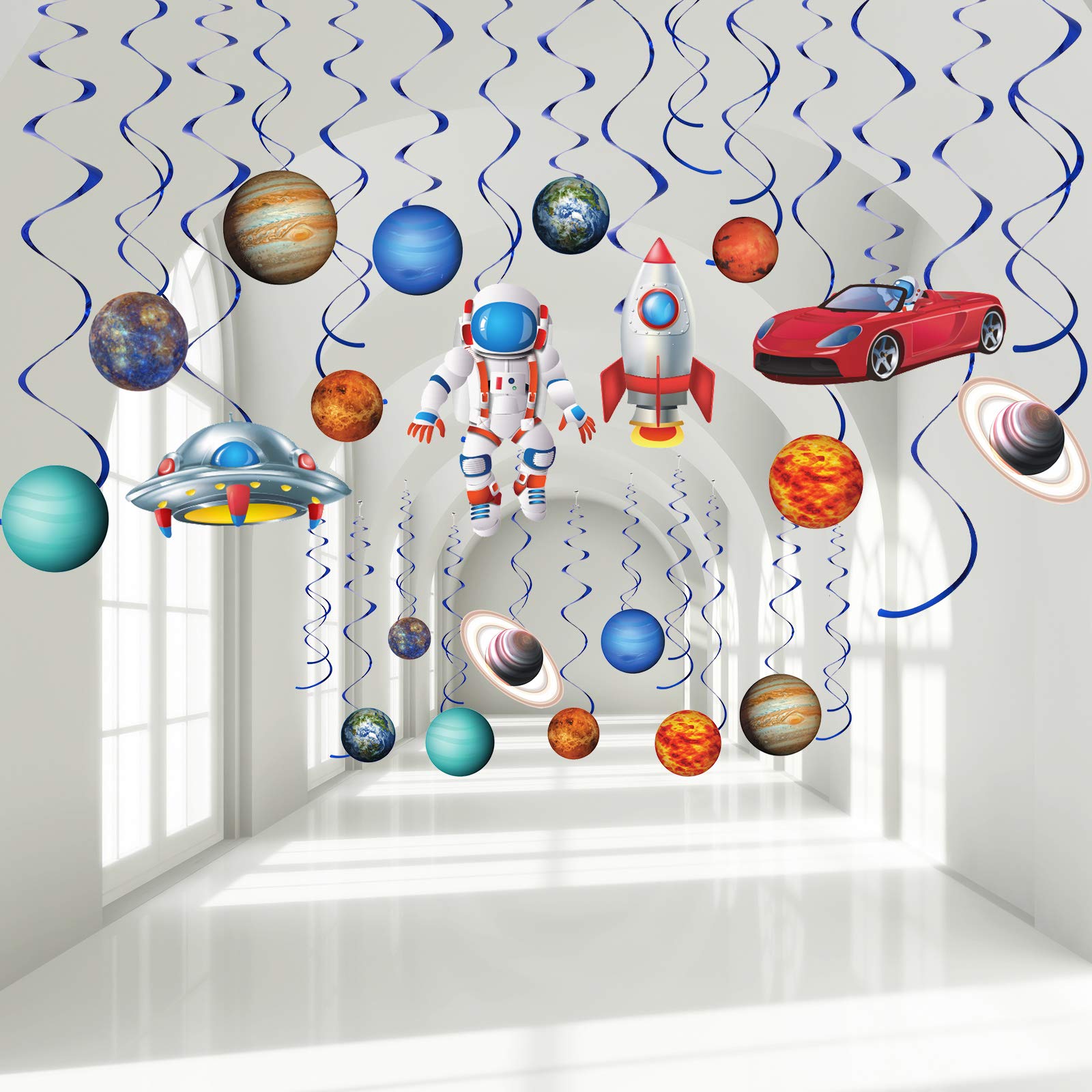 Outer Space Party Decoration Hanging Swirls, Blue Solar System Planet Party UFO Rocket Astronaut Sign Foil Swirls Ceiling Decoration for Kids Boys Space Birthday Party Decorations Supplies, 30 Pieces