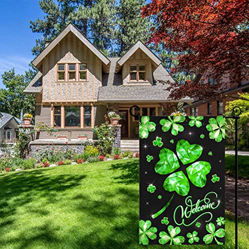 Funux St Patricks Day Garden Flag 12×18 Inch Double Sided Green Shamrock Clover Welcome Small Outside Vertical Holiday Yard Decor