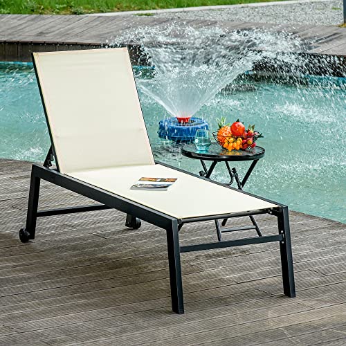 Outsunny Outdoor Chaise Lounge with Wheels, Five Position Recliner for Suntanning, Sunbathing, Steel Frame, Breathable Fabric for Beach Yard, Patio, Cream White