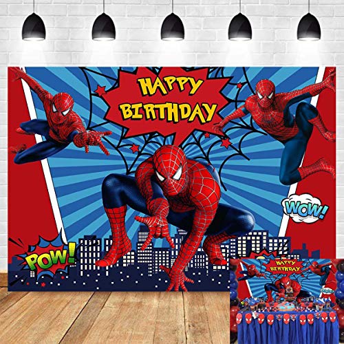 Red Spider Photography Backdrop Baby Boys Happy Birthday Party Decorations Vinyl Children Photo Booth Studio Props Background Superhero Cityscape 5x3ft Banner Dessert Table Baby Shower Supplies