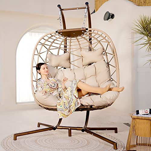 BULEXYARD Outdoor Double Swing Egg Chair with Stand for Bedroom, Indoor 2 Person Hanging Chair Foldable Twins Patio Chair, Large Hand-Woven Wicker Garden Loveseat Hammock Chair w/Cream Thick Cushion