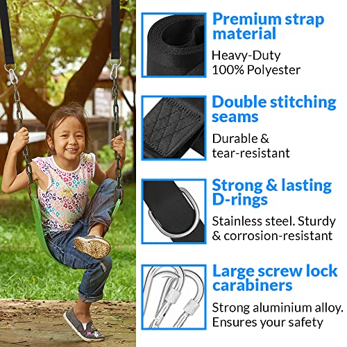 [New 2022] TECEUM Tree Swing Straps Hanging Kit (Set of 2) – 5 ft 8 ft 10 ft – Heavy-Duty Camping Hammock Strap (2,000 lb) – with Safety Lock Carabiners & Carry Bag – for All Swing Types – Outdoors