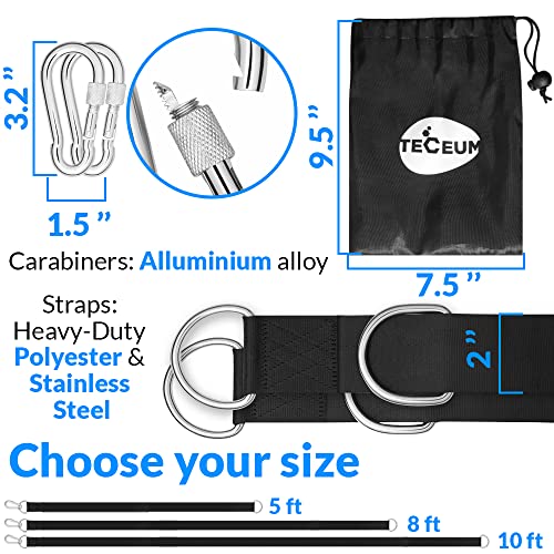 [New 2022] TECEUM Tree Swing Straps Hanging Kit (Set of 2) – 5 ft 8 ft 10 ft – Heavy-Duty Camping Hammock Strap (2,000 lb) – with Safety Lock Carabiners & Carry Bag – for All Swing Types – Outdoors