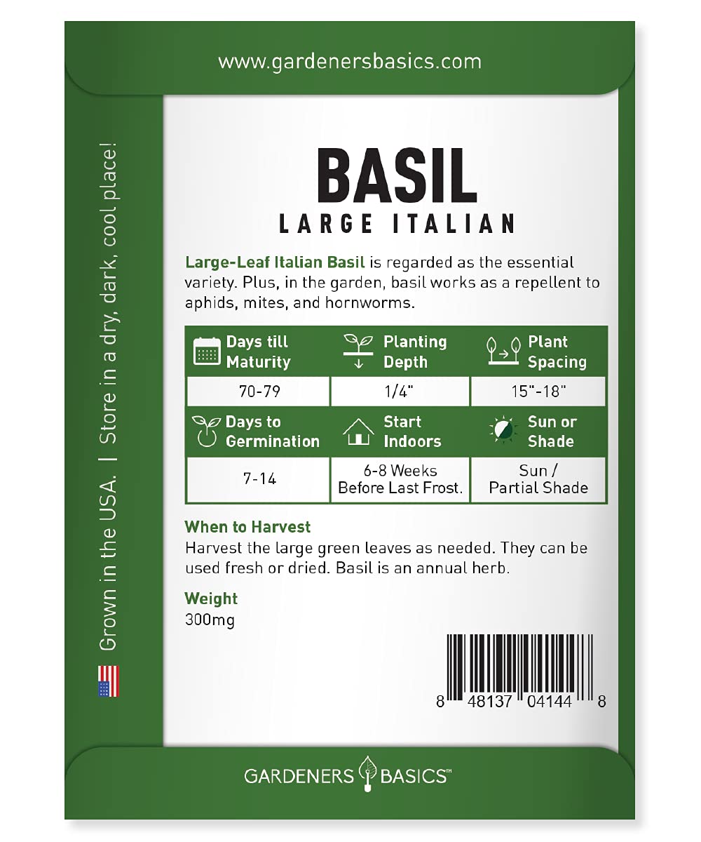 Basil Seeds for Planting (Large Leaf) Heirloom Non-GMO Herb Plant Seeds for Home Herb Garden Indoors, Outdoors, and Hydroponics by Gardeners Basics