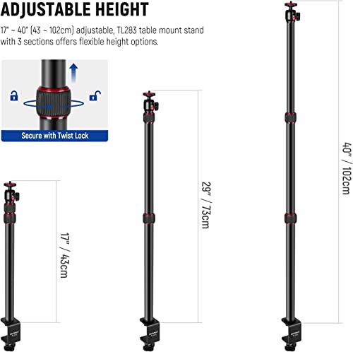 NEEWER Extendable Camera Desk Mount with 1/4" Ball Head, 17β-40β Adjustable Table Light Stand with 1/4" Screw Adapter and C Clamp for DSLR Camera, Ring Light, Live Stream, Vlog, Max Load: 6.6lb/3kg