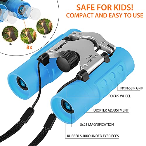 Binoculars for Kids Best Gifts for 3-12 Years Boys Girls 8x21 High-Resolution Real Optics Mini Compact Binocular Toys Shockproof Folding Small Telescope for Bird Watching, Camping, Sky Blue