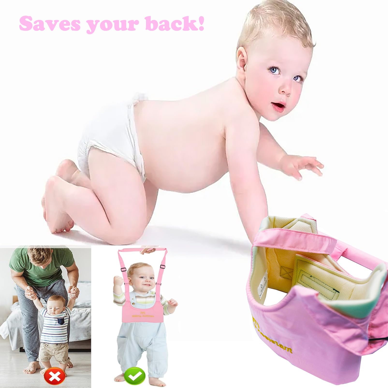 YESTIC Adjustable Baby Walking Harness Toddler Harness Assistant Belt for Learning Walk Easy-to-Wear Walking Learning Helper for Boys Girls. (Pink)